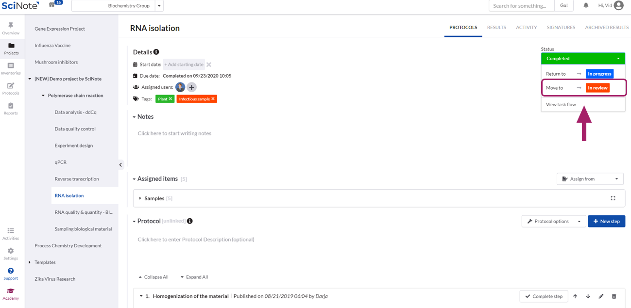 Signing a task in SciNote